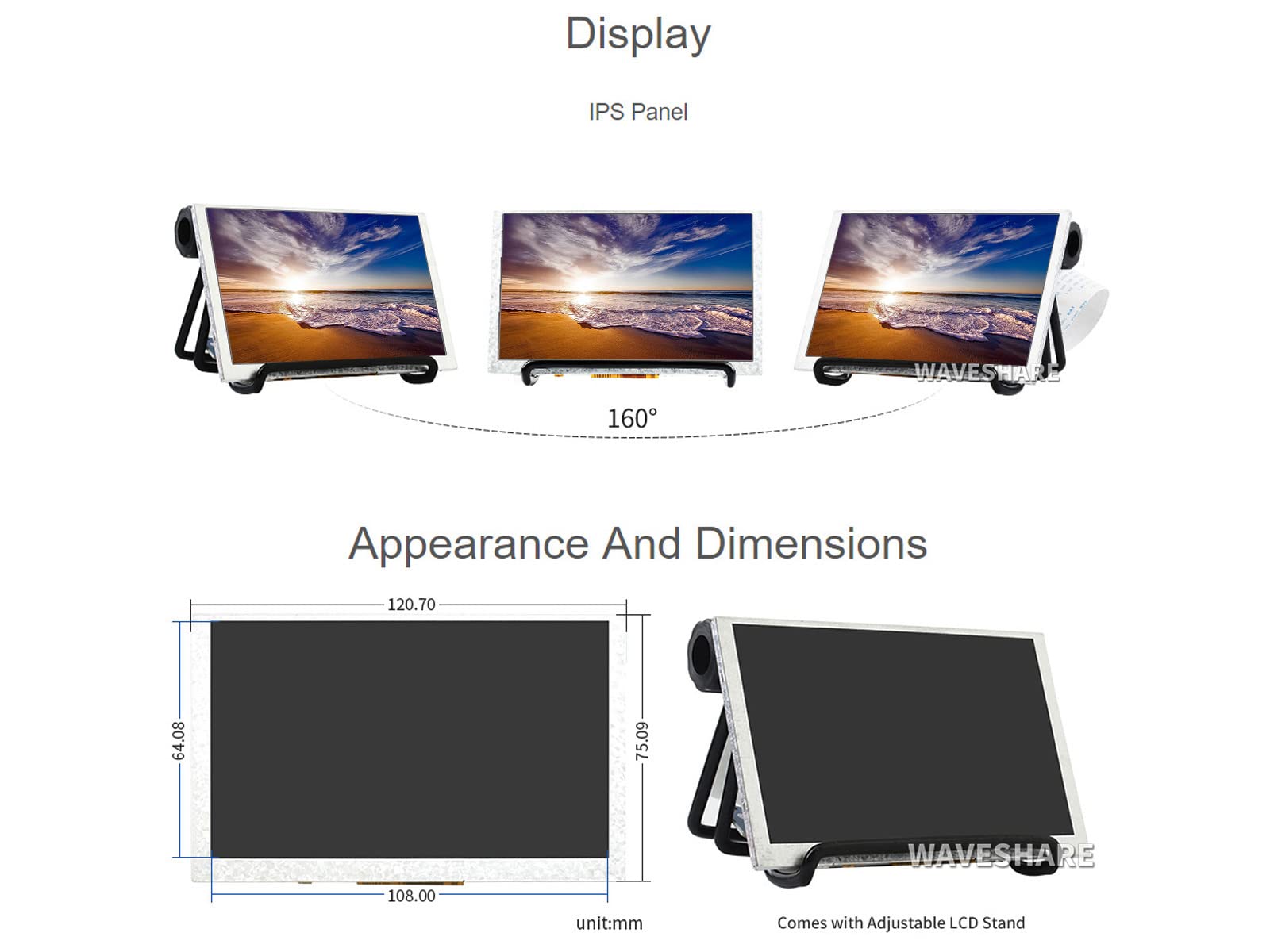 Waveshare 5inch Display Compatible with Raspberry Pi 5/4B/3B/Zero/Zero W/Zero 2W/Pico/Pico W/Pico WH 800×480 Resolution DPI Interface IPS No Touch