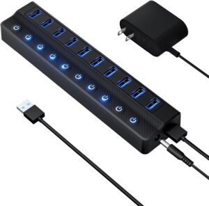 onfinio usb hub 3.0 powered, 6 ports usb hub splitter (4 high speed data transfer ports + 2 smart charging ports) with individual on/off switches and 48w power adapter for mac pro/mini, pc, hdd, disk