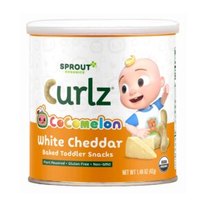 cocomelon sprout organic baby food, toddler snacks, white cheddar plant power curlz, 1.48 oz canister (1 count)