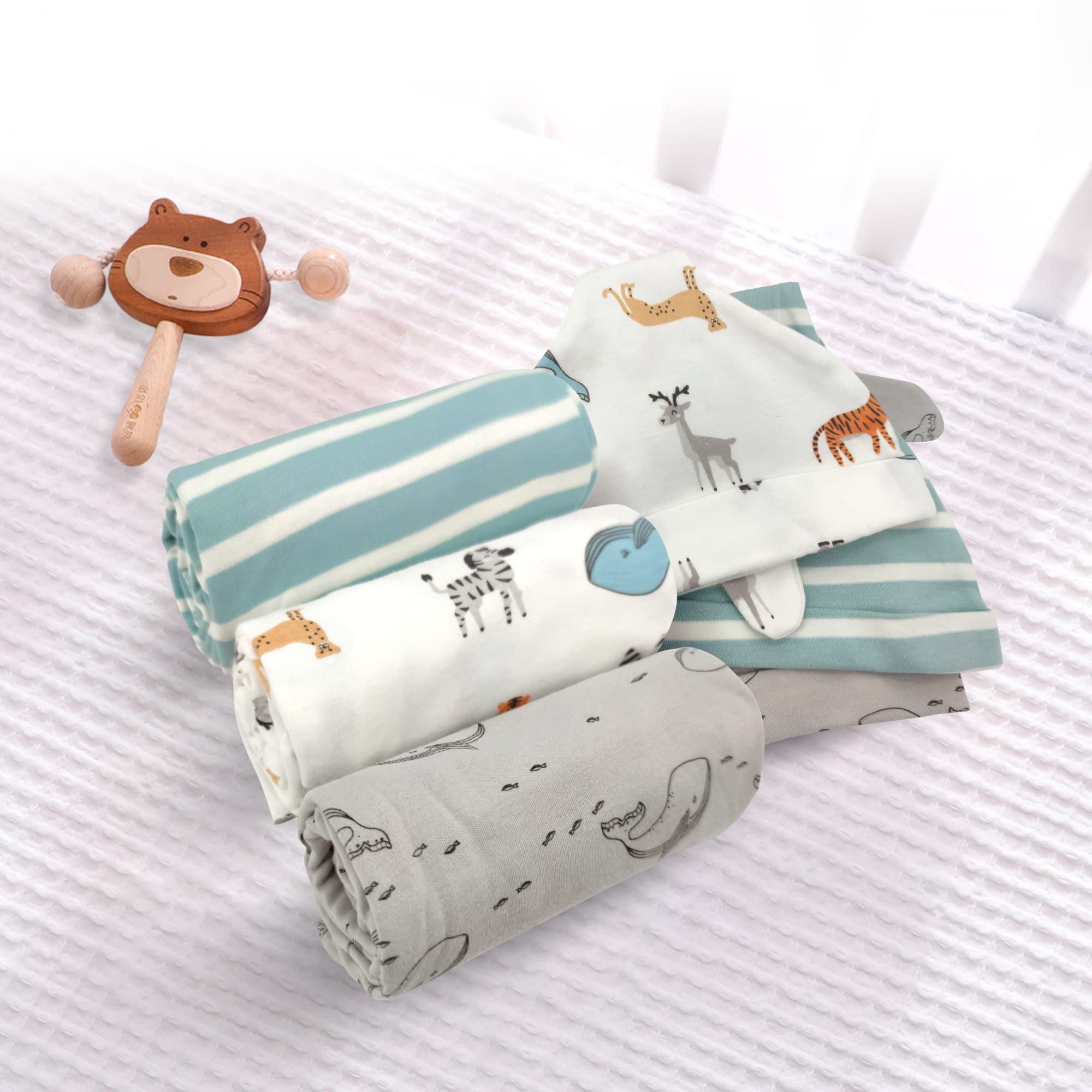 Newborn Swaddle and Hat Set 6 Pack 100% Cotton Knitted Baby Receiving Blankets 35" x 35" Soft Unisex Swaddle Wrap for Girls and Boys (Whale+Elk+Green Stripes)