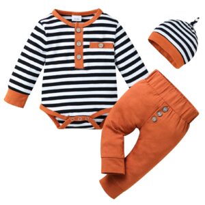 odasira newborn baby boy clothes infant long sleeve stripes romper fall winter outfits solid pants 3pcs set orange 0-3 momths, 0-3 months