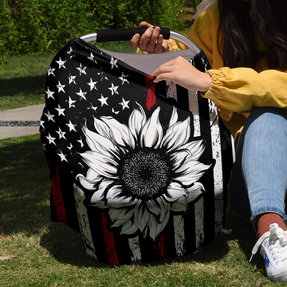 Baby Car Seat Covers Nursing Scarf, Vintage American Flag with Sunflower United States Flag Black Stretchy Infant Carseat Canopy Breastfeeding Covers, Baby Shower Gifts