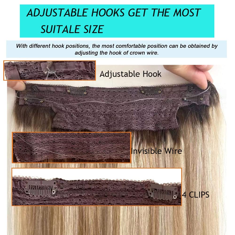 Halos Hair Extensions, Fish Line Hair Extensions, Wire Extensions Human Hair,14Inch 70g Ombre Balayage Ash Brown to Dirty Blonde and and Platinum Blonde Highlights Straight Hairpiece Flip in Hair Extensions Clip in Extensions with Invisible Fish Line Hair