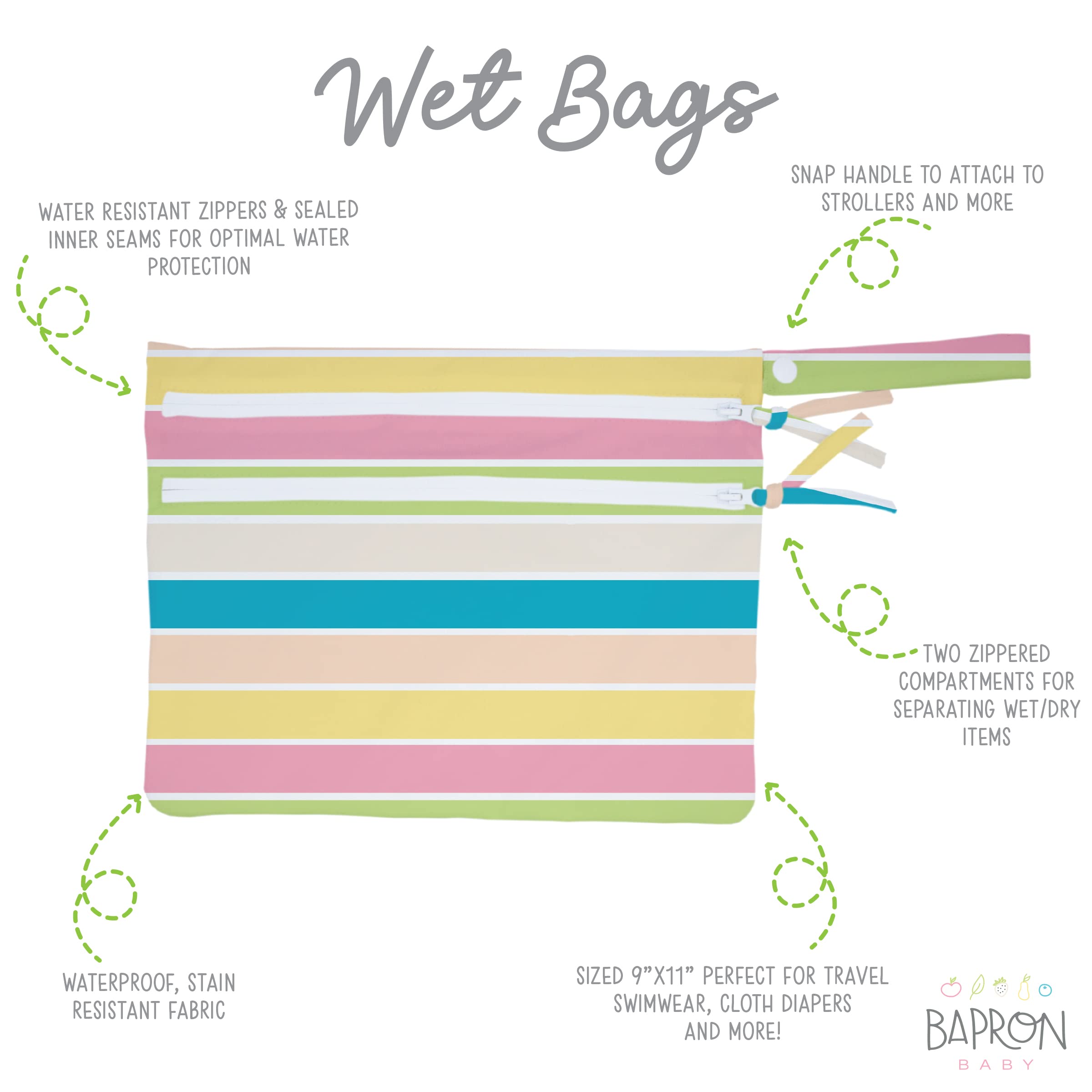 BapronBaby Rainbow Stripes Wet Dry Bag - Waterproof Two Zipper Pockets - Reusable for Mealtime, Diapers, Stroller, Snacks, Swimsuits - Machine Washable - 11" x 9"