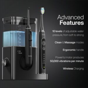 Aquasonic Home Dental Center PRO – Brushing & Flossing Made Easy – Brush & Floss – Power Toothbrush & Water Flosser – Whiter Teeth & Healthier Gums – Black Series Pro+Oral Irrigator