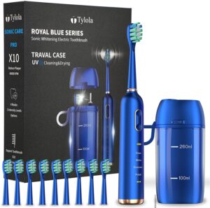 tylola travel portable sonic electric toothbrush for adults-10 dupont premium replacement heads-1 minute automatic cleaning &drying function-2 minute smart timer-4 modes,3 intensity-royal blue