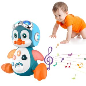 crawling penguin baby musical toys, baby tummy time toys for infant 0-3 0-6 6-12 12-18 months music learning crawl interactive development toy with led lights, babies toddler boy girl birthday gift