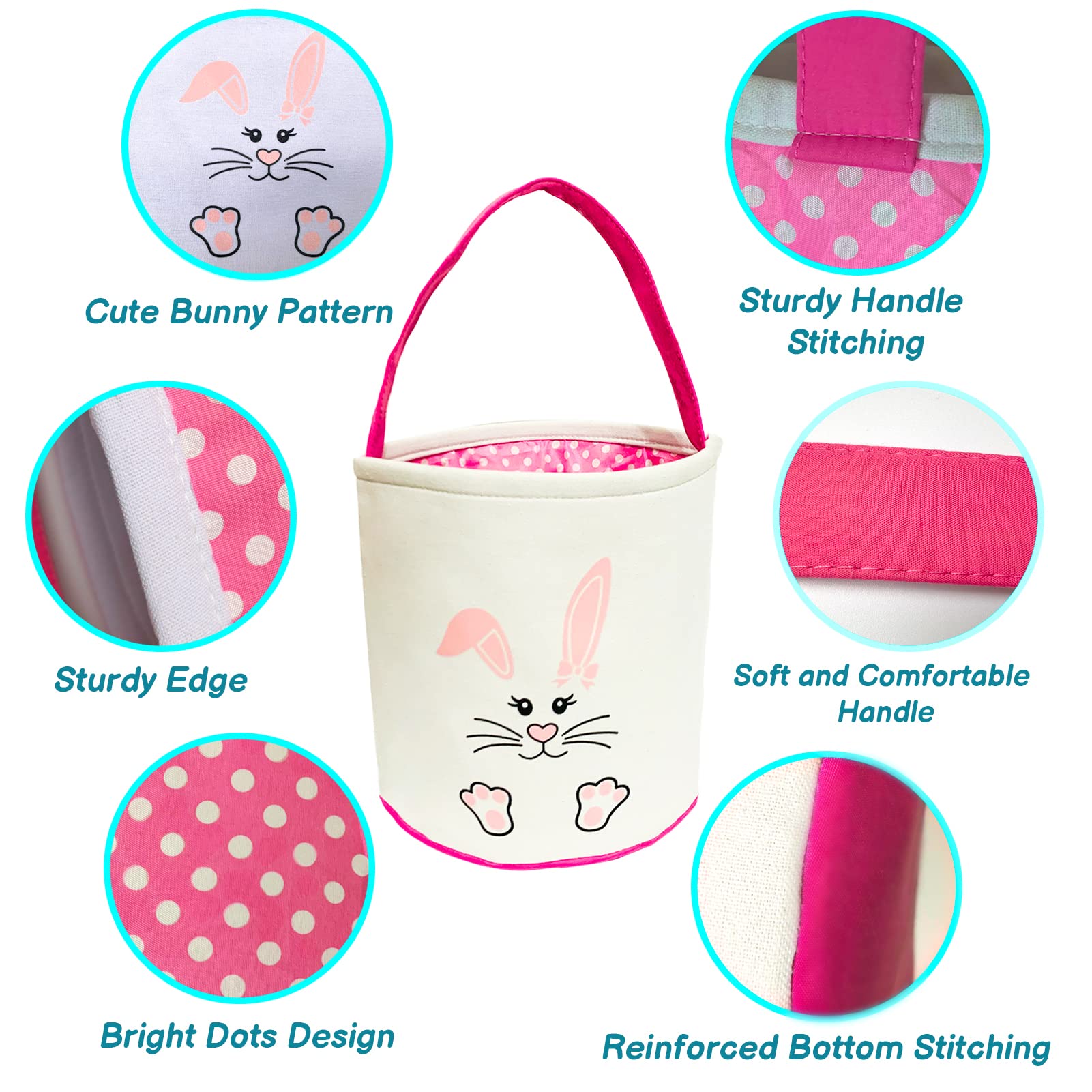 BKDMZZMY 2 Pack Easter Baskets for Large Foldable Bucket Tote Bags with Handle, Canvas Bunny Baskets Carry Easter Rabbit Baskets for Party Holiday Easter Eggs Hunt (Pink+Blue)