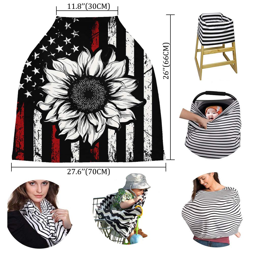 Baby Car Seat Covers Nursing Scarf, Vintage American Flag with Sunflower United States Flag Black Stretchy Infant Carseat Canopy Breastfeeding Covers, Baby Shower Gifts