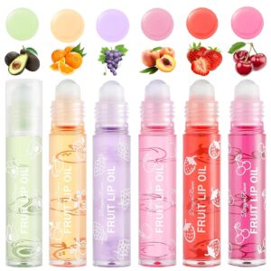 gireatick 6pcs fruity flavors rolling ball lip oil set, long lasting moisturizing lip balm, roll-on lip gloss set, glossy lip make-up for all age, transparent lip gloss for dry and chapped lips