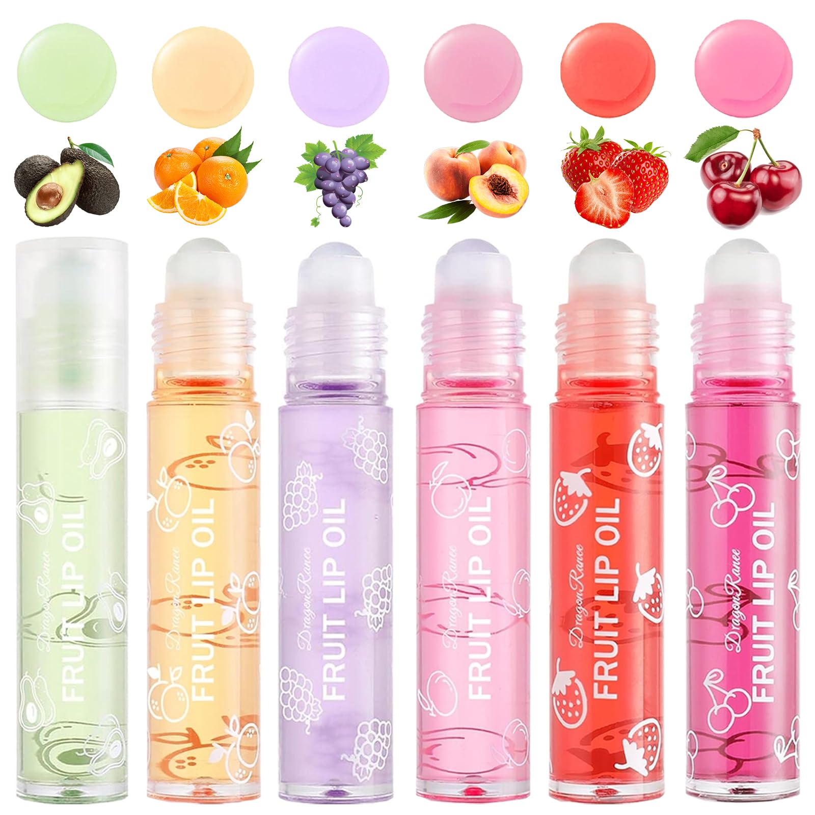 Gireatick 6PCS Fruity Flavors Rolling Ball Lip Oil Set, Long Lasting Moisturizing Lip Balm, Roll-On Lip Gloss Set, Glossy Lip Make-up for All Age, Transparent Lip Gloss for Dry and Chapped Lips