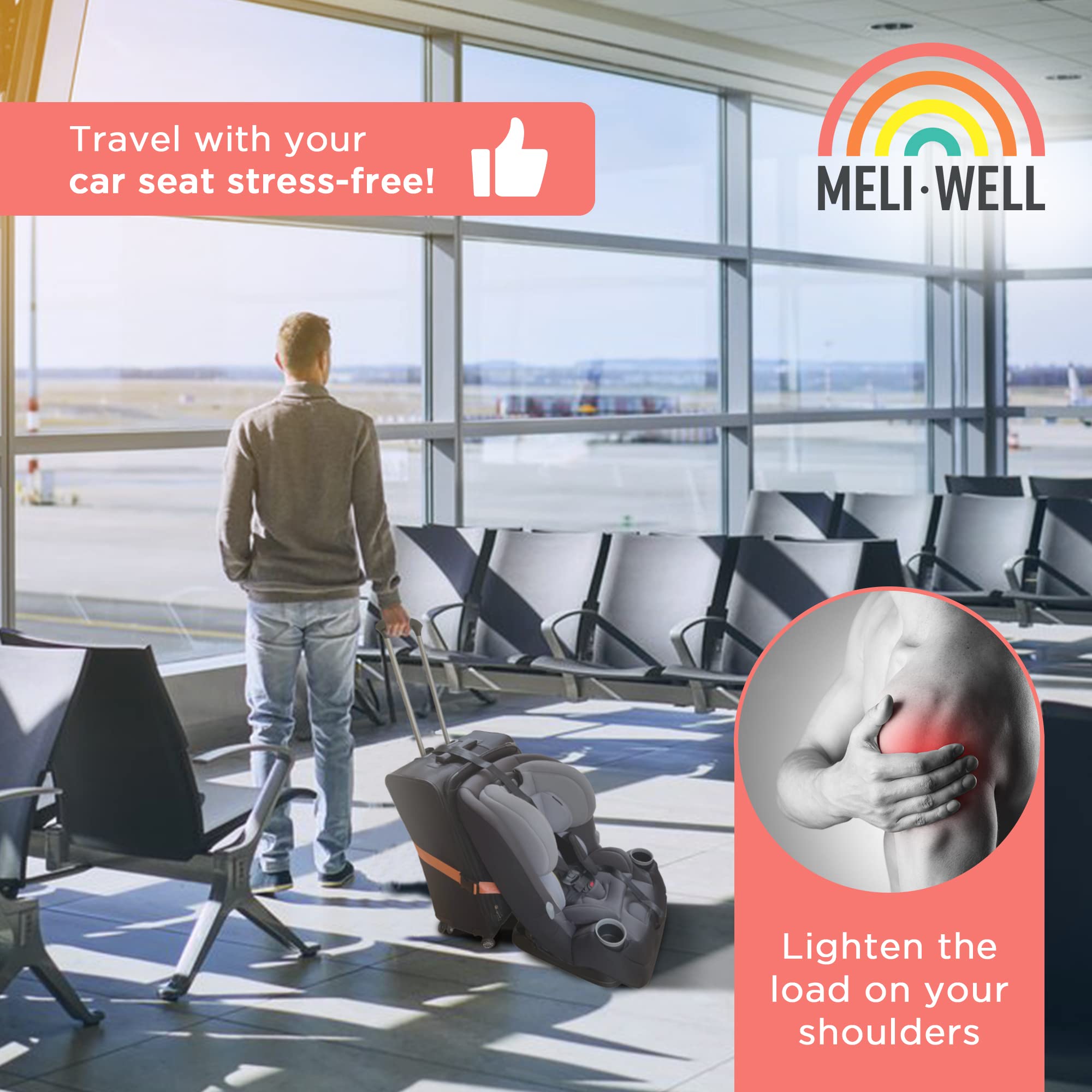 MELIWELL Car Seat Travel Belt - Strap to Rolling Suitcase, Convert Luggage for Carry-On - Portable Airport Solution - Complete with 12" Fastener