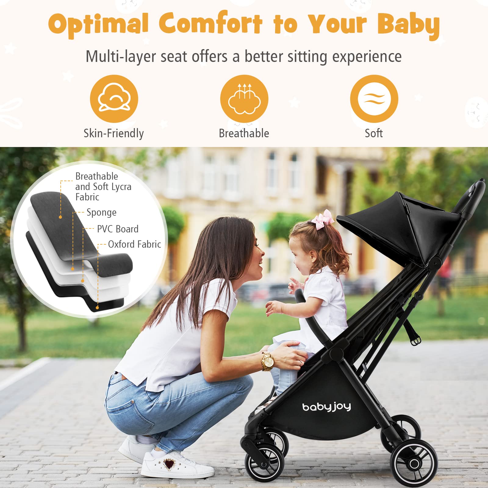 BABY JOY Lightweight Baby Stroller, Compact Travel Stroller for Airplane, Infant Toddler Stroller w/Adjustable Backrest & Canopy, Storage Basket, Self Standing Gravity Fold, Aluminium Frame (Black)