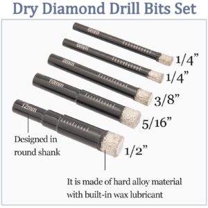 Dry Diamond Drill Bits Set for Porcelain Tile Granite Marble Ceramic Stone Glass Hard Materials (Not for Wood), Round Shank 1/4, 5/16, 3/8, 1/2 inch(5 PCs)