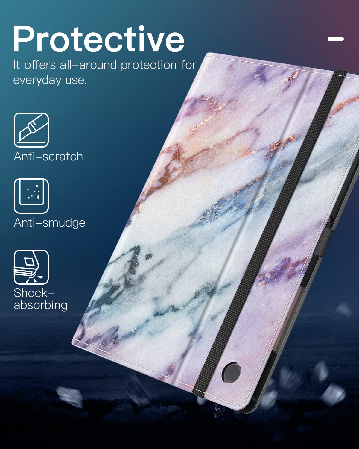 MoKo Case for Samsung Galaxy Tab A8 10.5 Inch 2022 (SM-X200/X205/X207) with Flexible Hand Strap & Pocket, Multi-Angle Viewing Stand Lightweight Protective Cover, Auto Sleep/Wake, Purple Marble