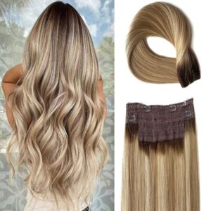 halos hair extensions, fish line hair extensions, wire extensions human hair,14inch 70g ombre balayage ash brown to dirty blonde and and platinum blonde highlights straight hairpiece flip in hair extensions clip in extensions with invisible fish line hair