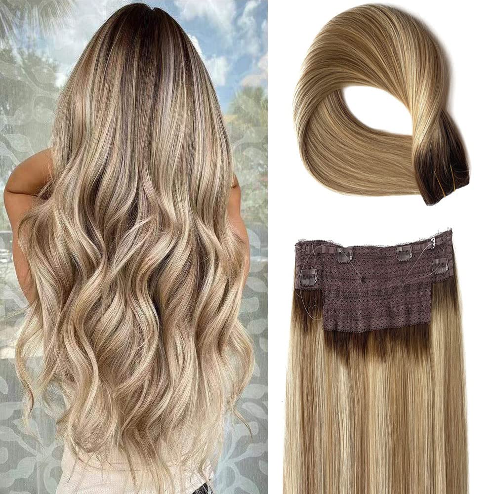 Halos Hair Extensions, Fish Line Hair Extensions, Wire Extensions Human Hair,14Inch 70g Ombre Balayage Ash Brown to Dirty Blonde and and Platinum Blonde Highlights Straight Hairpiece Flip in Hair Extensions Clip in Extensions with Invisible Fish Line Hair