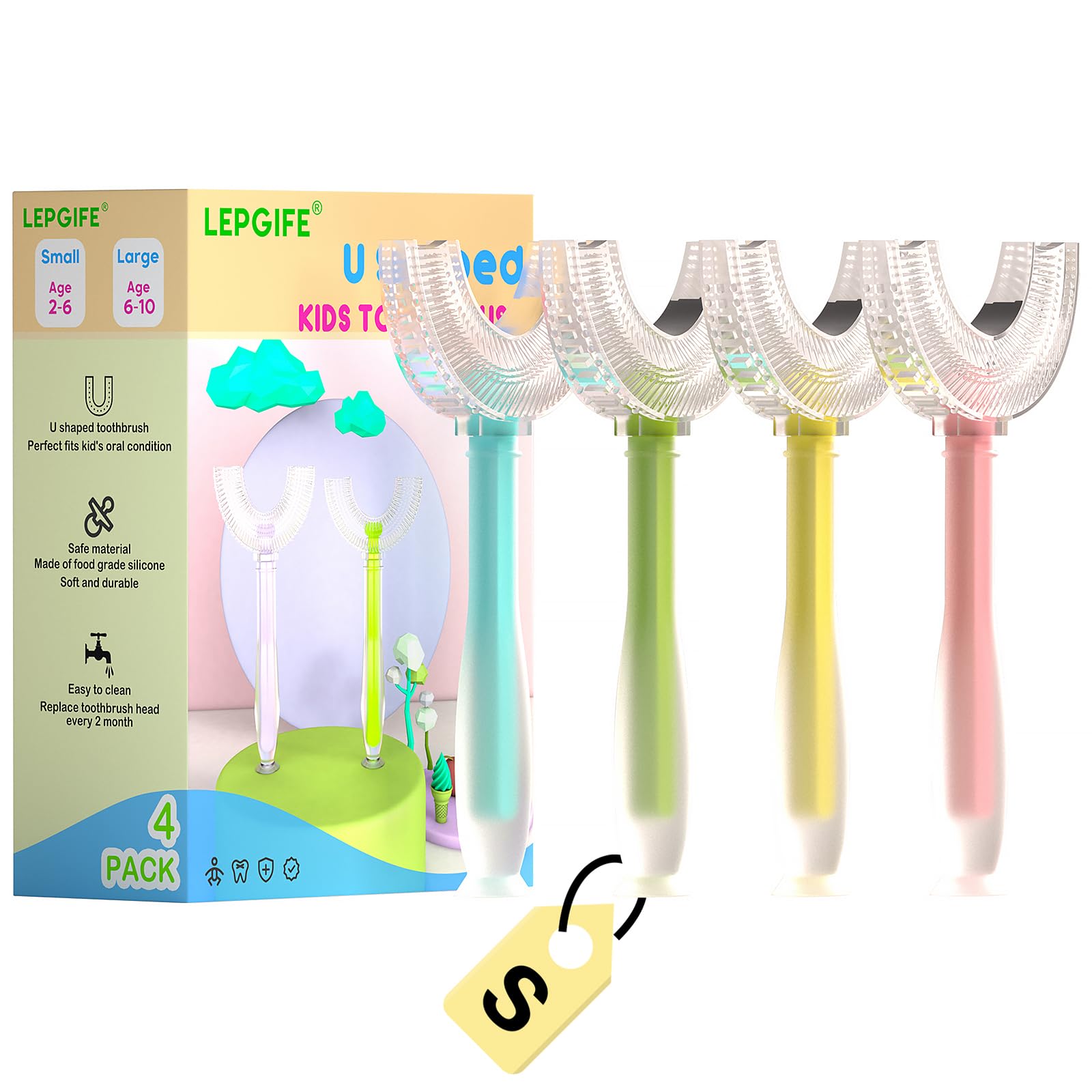 LEPGIFE U Shaped Kids Toothbrush 4 Pack, U-Type Whole Mouth Toothbrush for Kids (Age 2-6)