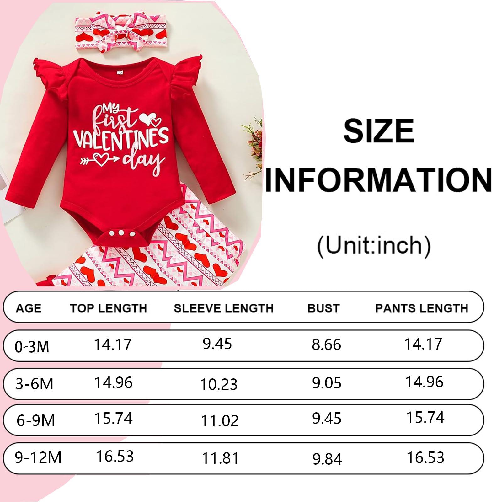 GRNSHTS Baby Girl My First Valentine's Day Clothes Long Sleeve Ruffle Romper Bell-Bottomed Pants 3Pcs Love Heart Outfits(Red,3-6M)