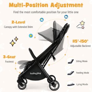 BABY JOY Lightweight Baby Stroller, Compact Travel Stroller for Airplane, Infant Toddler Stroller w/Adjustable Backrest & Canopy, Storage Basket, Self Standing Gravity Fold, Aluminium Frame (Black)