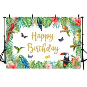 mehofond 7x5ft tropical bird birthday backdrop summer toucan palm leaves gold glitter happy birthday banner photography background parrot hummingbird luau decoration photobooth props