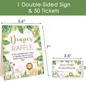 Yuzioey Safari Diaper Raffle Tickets and Sign, Jungle Animals Baby Shower Game Cards, 1 Standing Sign & 50 Tickets, Diaper Raffle Tickets for Safari Gender Neutral Baby Shower