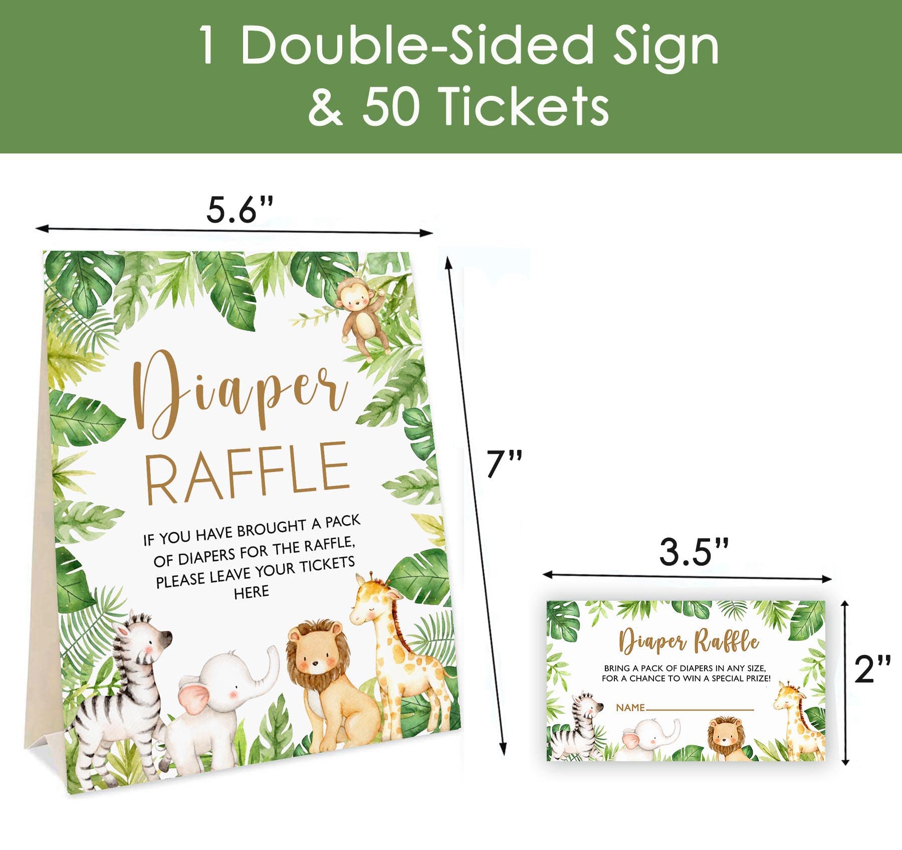 Yuzioey Safari Diaper Raffle Tickets and Sign, Jungle Animals Baby Shower Game Cards, 1 Standing Sign & 50 Tickets, Diaper Raffle Tickets for Safari Gender Neutral Baby Shower