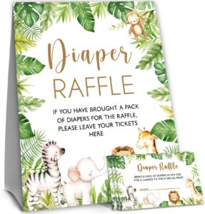 yuzioey safari diaper raffle tickets and sign, jungle animals baby shower game cards, 1 standing sign & 50 tickets, diaper raffle tickets for safari gender neutral baby shower