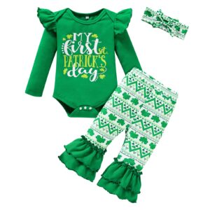 grnshts baby girl my first st.patrick's day clothes long sleeve ruffle romper bell-bottomed pants headband 3pcs clover print outfits（green-c,0-3m