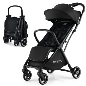 baby joy lightweight baby stroller, compact travel stroller for airplane, infant toddler stroller w/adjustable backrest & canopy, storage basket, self standing gravity fold, aluminium frame (black)