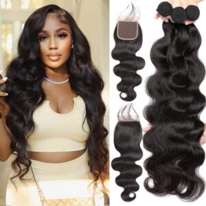 aopusi human hair bundles with closure (22 24 26+20，free part) body wave bundles with lace closure brazilian human hair weave bundles with closure virgin hair weft 150% density natural color