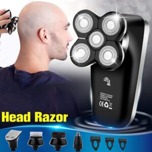 electric razor for men, 5 in 1 head shavers for bald men, dry wet waterproof mens rotary shaver, usb cordless face rechargeable razors travel portable grooming kit for man facial