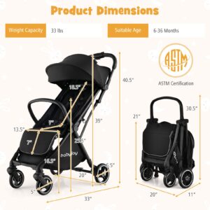 BABY JOY Lightweight Baby Stroller, Compact Travel Stroller for Airplane, Infant Toddler Stroller w/Adjustable Backrest & Canopy, Storage Basket, Self Standing Gravity Fold, Aluminium Frame (Black)