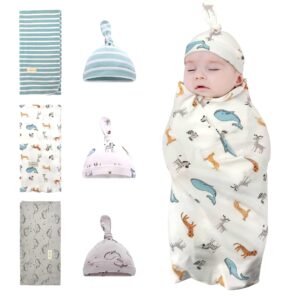 newborn swaddle and hat set 6 pack 100% cotton knitted baby receiving blankets 35" x 35" soft unisex swaddle wrap for girls and boys (whale+elk+green stripes)