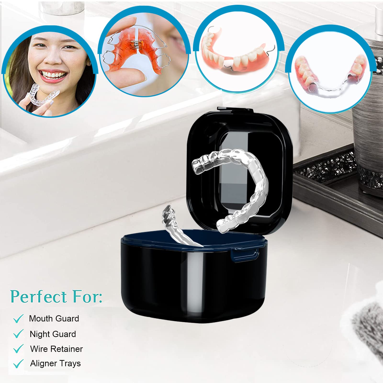 whoobell Denture Cup，Retainer Case,Cute Night Mouth Guard Box Holder, Storage Soak Container