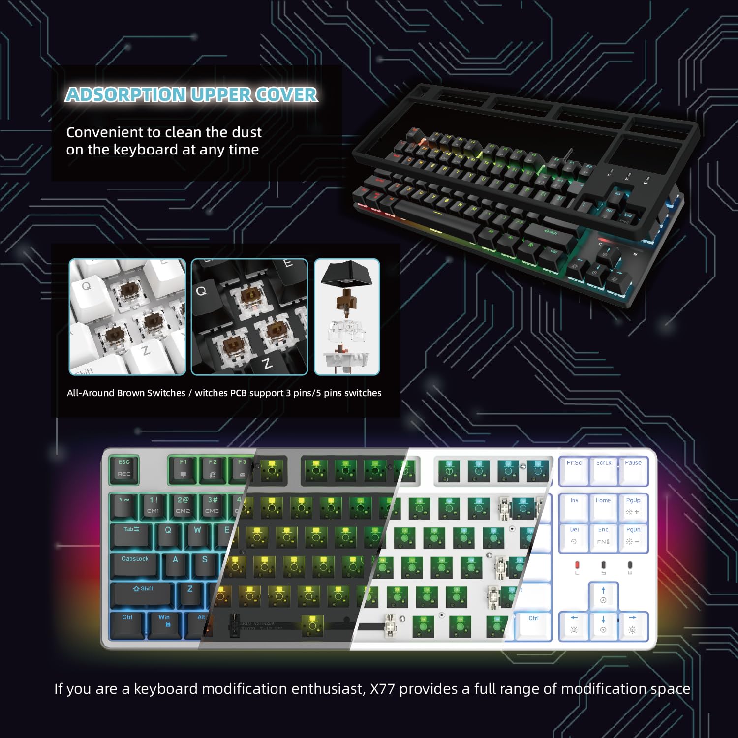 CIY X77 Hot-Swappable Mechanical Keyboard/RGB Gaming Keyboard/USB C/Anti Ghosting/N-Key Rollover/Compact Layout 87 Key/Detachable Magnetic Upper Cover/Wired Keyboard for Mac Windows