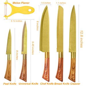 H S T Knife Set, 6 Pieces Kitchen Knife Set without Knife Block, High Carbon Stainless Steel Chef Knife Sets for Kitchen with Skin-peeler, Gold