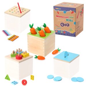 babehey 4 in 1 montessori toys for 1 year old boys girls, wooden shape sorter toy, fine motor skill toys, montessori coin box, montessori baby toys 6-12, 12-18 months