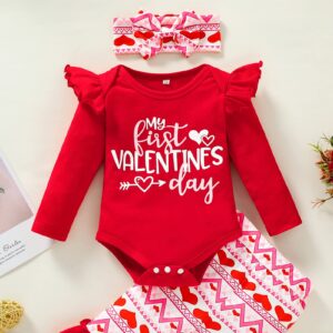 GRNSHTS Baby Girl My First Valentine's Day Clothes Long Sleeve Ruffle Romper Bell-Bottomed Pants 3Pcs Love Heart Outfits(Red,3-6M)