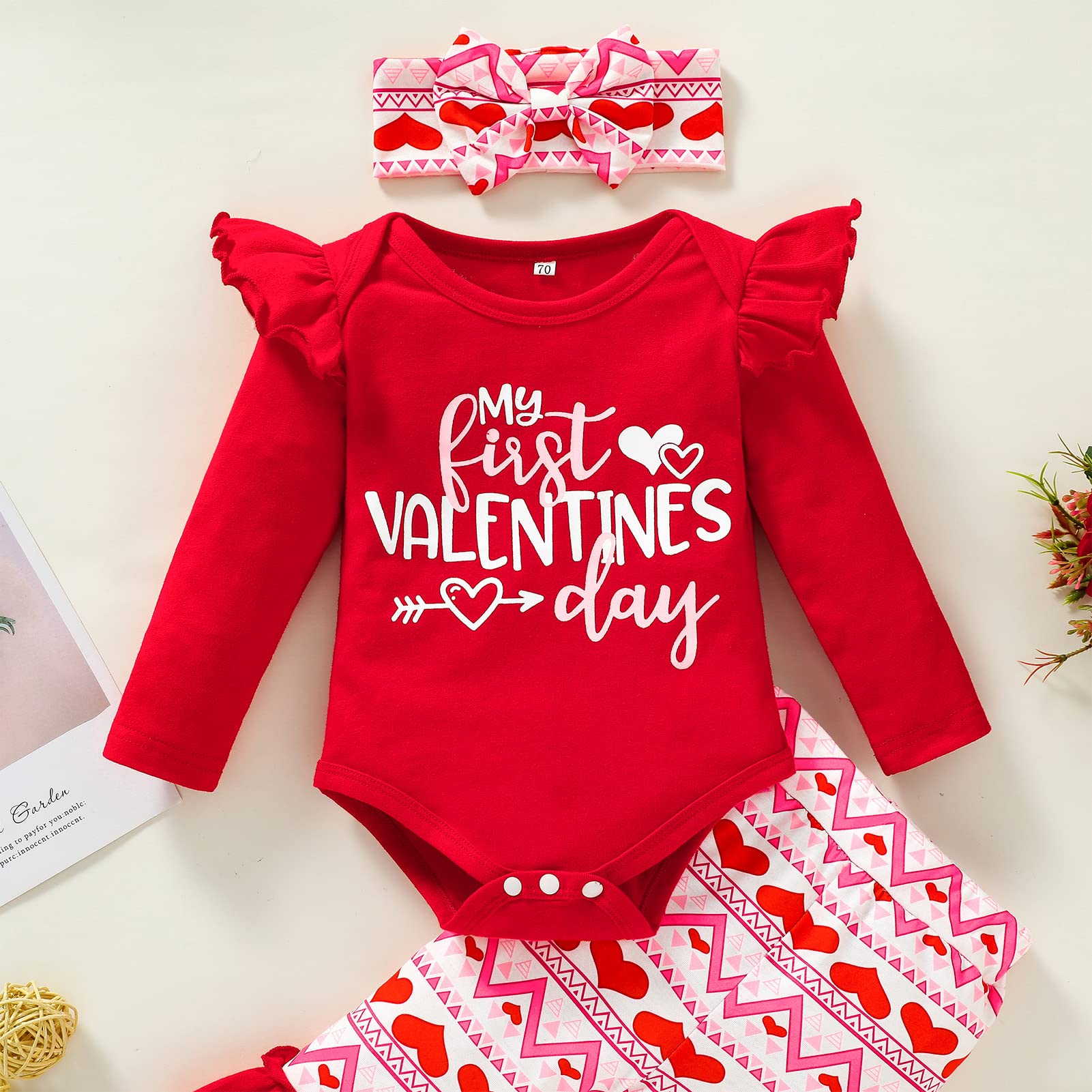 GRNSHTS Baby Girl My First Valentine's Day Clothes Long Sleeve Ruffle Romper Bell-Bottomed Pants 3Pcs Love Heart Outfits(Red,3-6M)