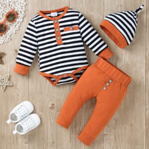 ODASIRA Newborn Baby Boy Clothes Infant Long Sleeve Stripes Romper Fall Winter Outfits Solid Pants 3Pcs Set Orange 0-3 Momths, 0-3 Months