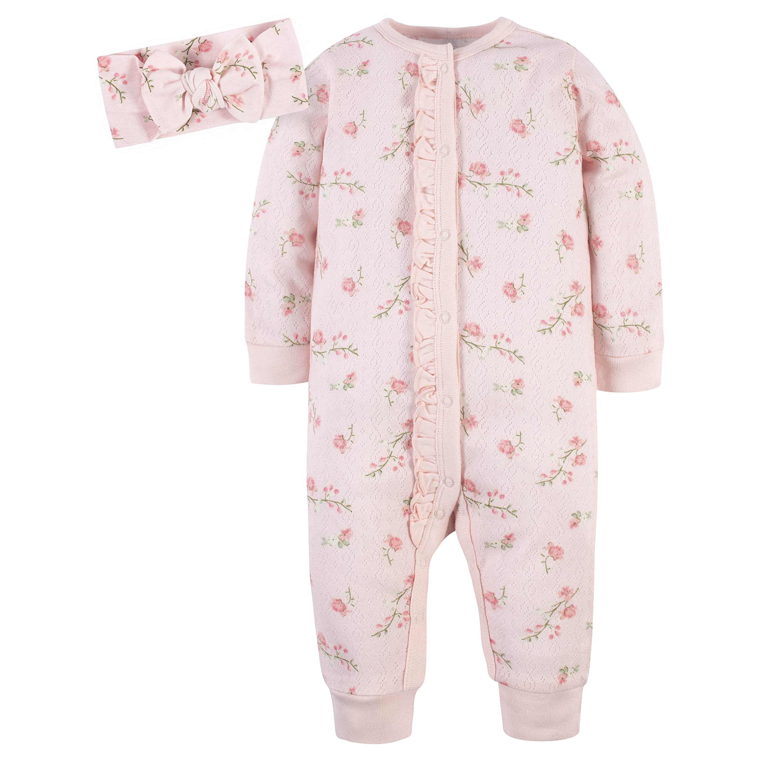 Gerber Baby Girls' 4-Piece Coveralls & Headband Sets, Leopard & Floral, 6-9 Months