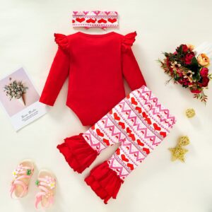 GRNSHTS Baby Girl My First Valentine's Day Clothes Long Sleeve Ruffle Romper Bell-Bottomed Pants 3Pcs Love Heart Outfits(Red,3-6M)