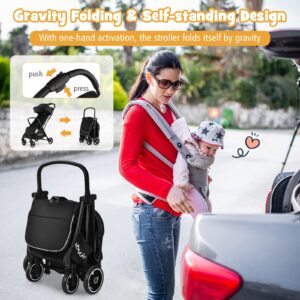 BABY JOY Lightweight Baby Stroller, Compact Travel Stroller for Airplane, Infant Toddler Stroller w/Adjustable Backrest & Canopy, Storage Basket, Self Standing Gravity Fold, Aluminium Frame (Black)