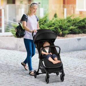 BABY JOY Lightweight Baby Stroller, Compact Travel Stroller for Airplane, Infant Toddler Stroller w/Adjustable Backrest & Canopy, Storage Basket, Self Standing Gravity Fold, Aluminium Frame (Black)