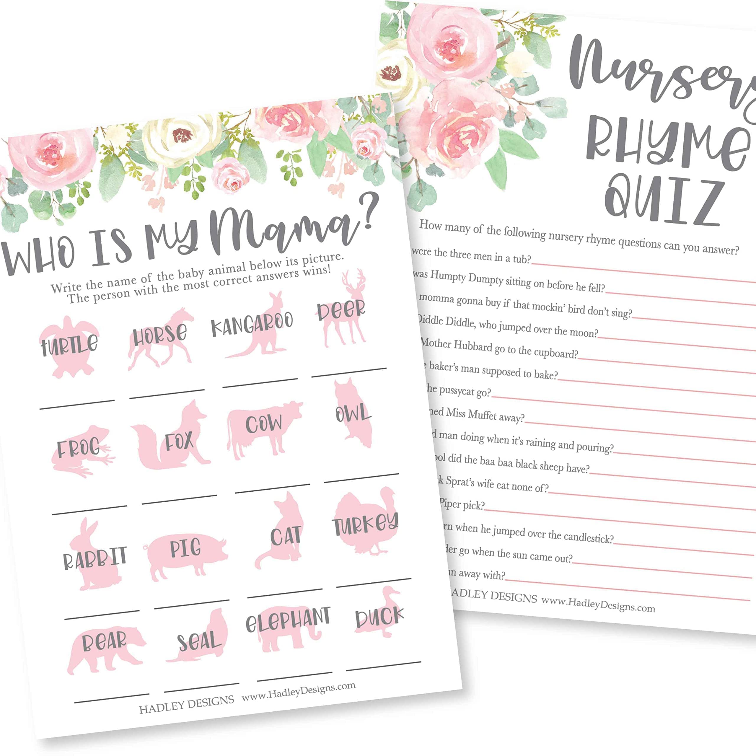 25 Floral Word Scramble For Baby Shower, 25 True Or False Game, 25 Baby Animal Matching, 25 Nursery Rhyme Game - 4 Double Sided Cards Baby Shower Ideas, Baby Shower Party Supplies