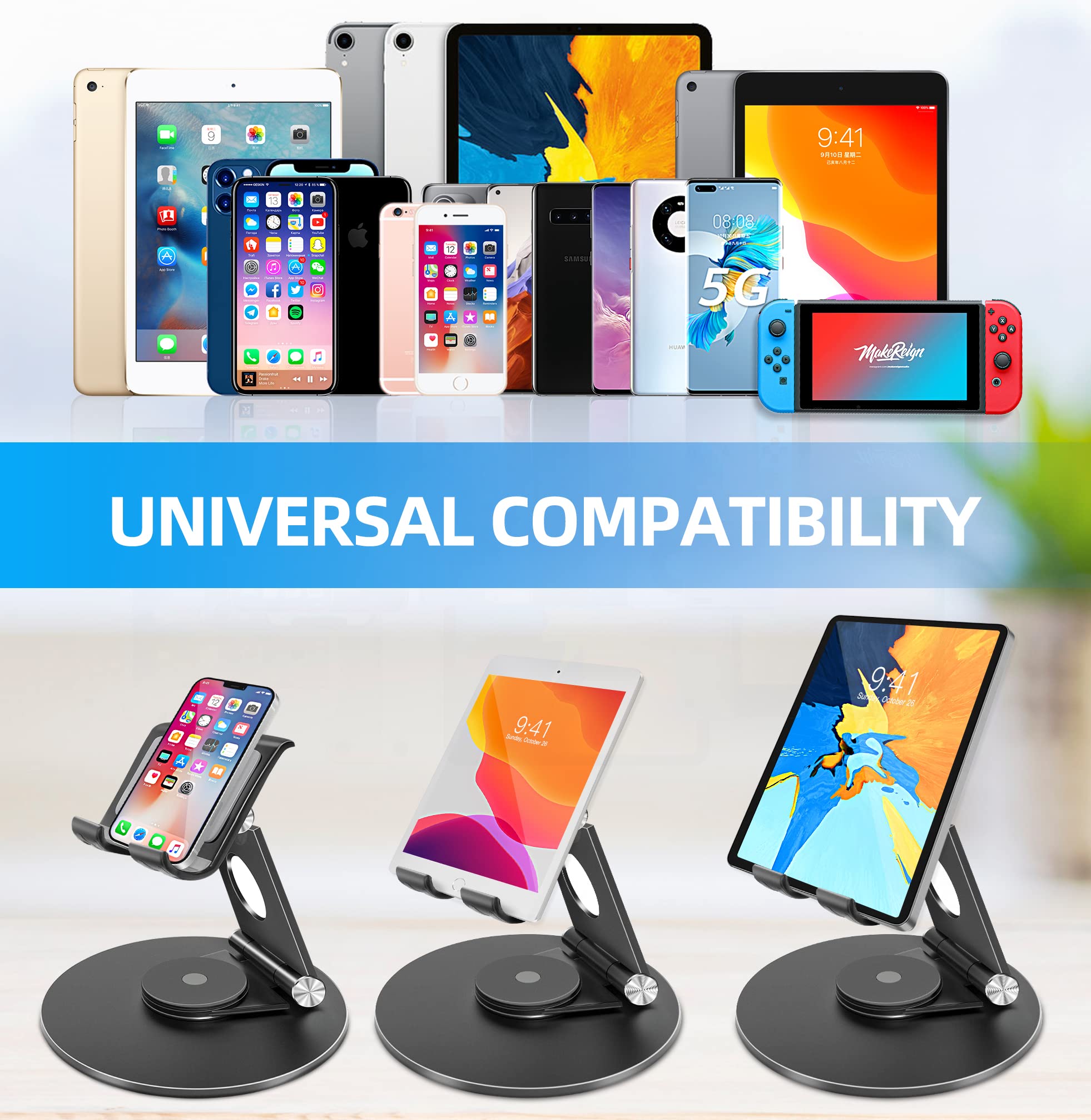 iPad Stand, 360° Rotating Tablet Stand Holder, Foldable & Adjustable iPad Holder for Desk, Heavy Base Kindle/iPad Pro/iPad Mini/ iPhone Stand for Retail Kiosk Store POS Office Showcase Reception Black