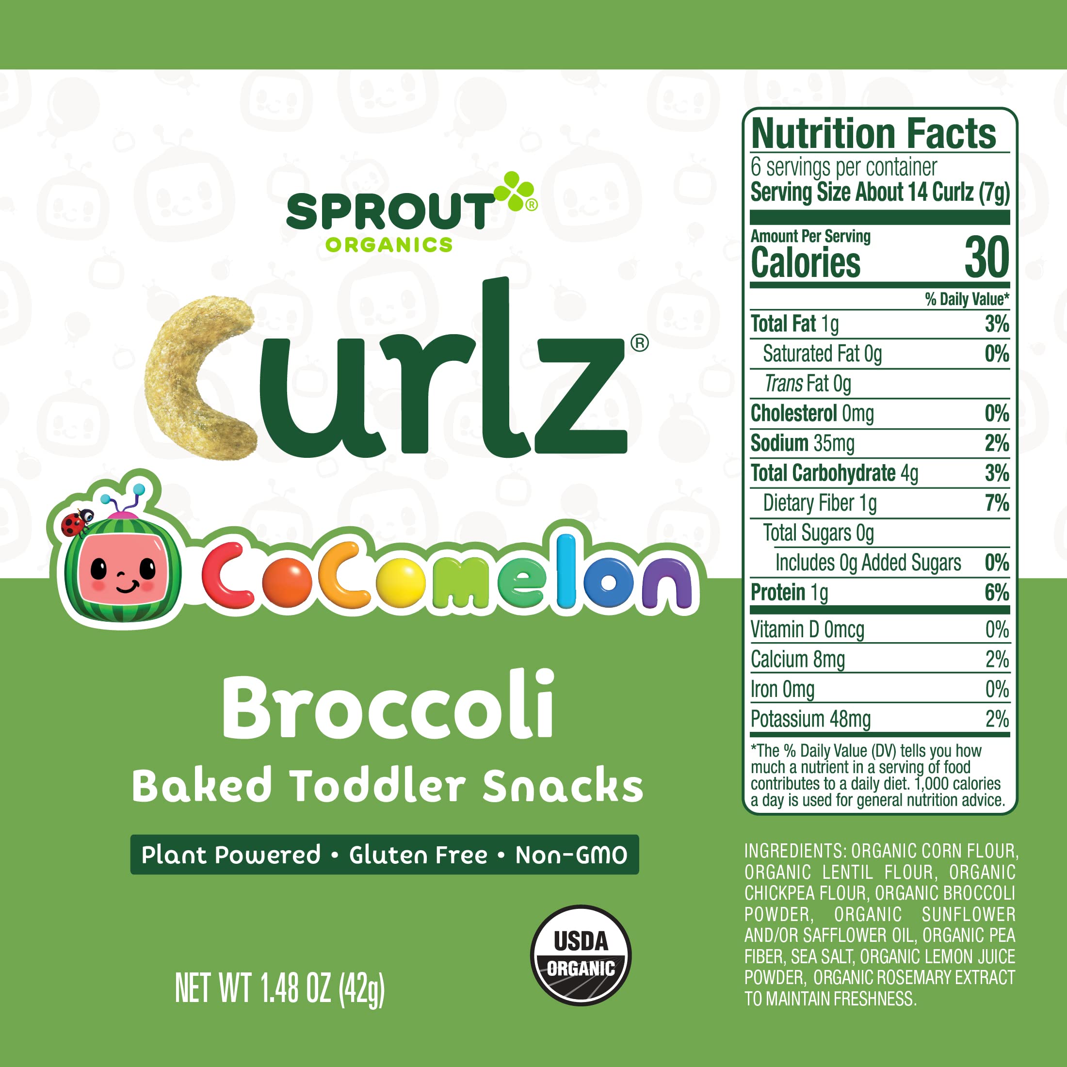 CoComelon Sprout Organic Baby Food, Toddler Snacks, Broccoli Plant Power Curlz, 1.48 Ounce(Pack of 6)