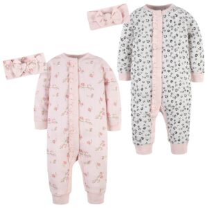 gerber baby girls' 4-piece coveralls & headband sets, leopard & floral, 6-9 months