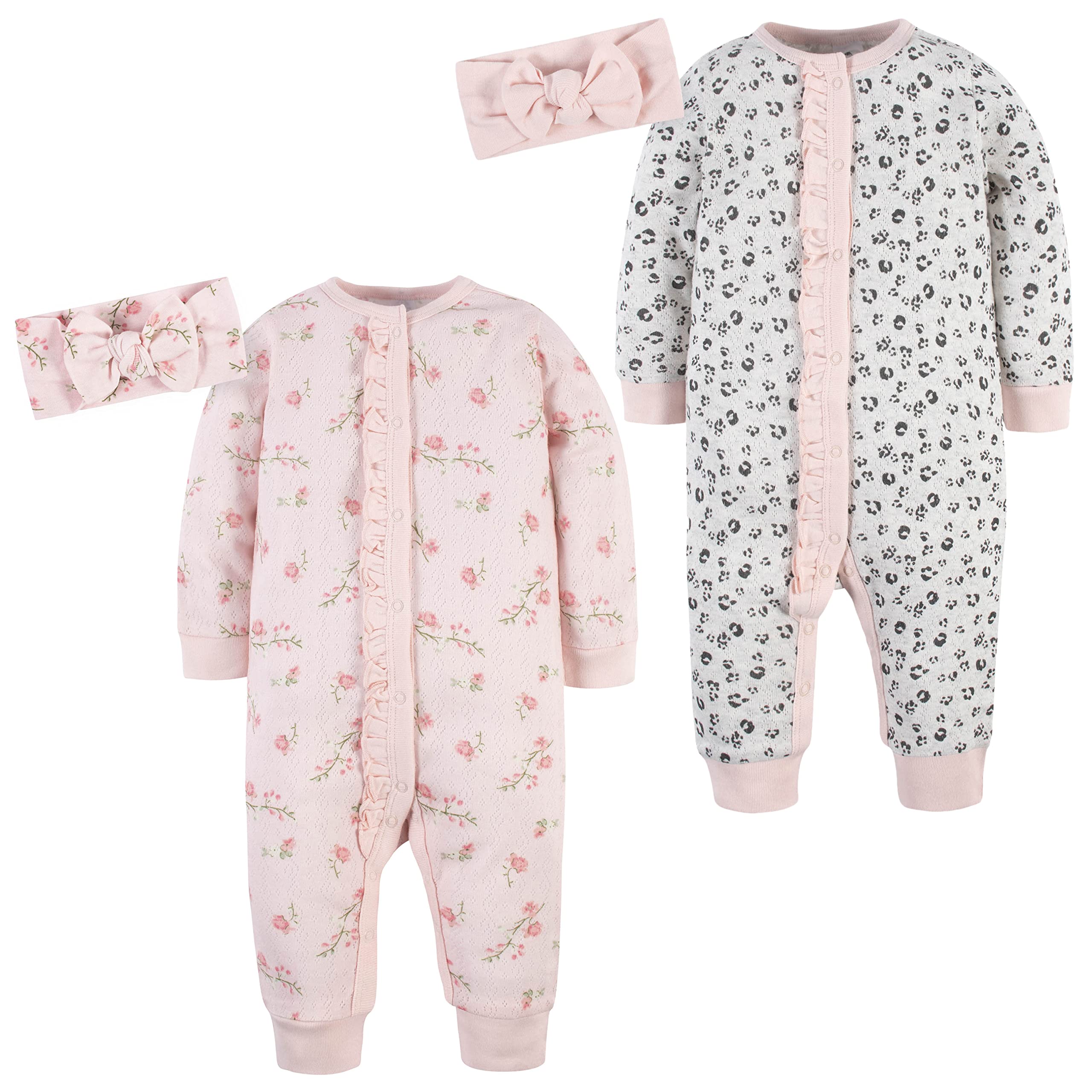 Gerber Baby Girls' 4-Piece Coveralls & Headband Sets, Leopard & Floral, 6-9 Months